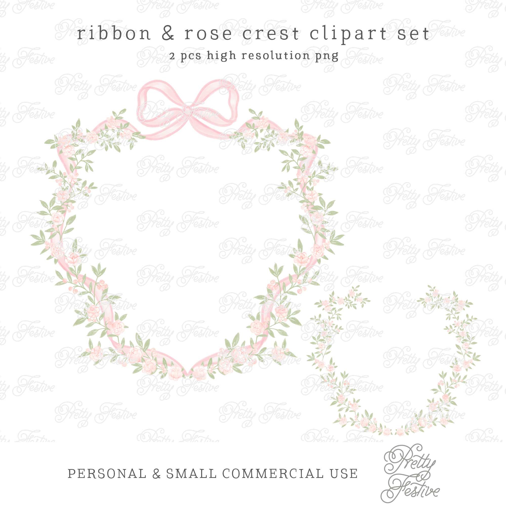 Pink Watercolour Ribbon & Rose Bow Crest Frames, Preppy Monogram Crest ...