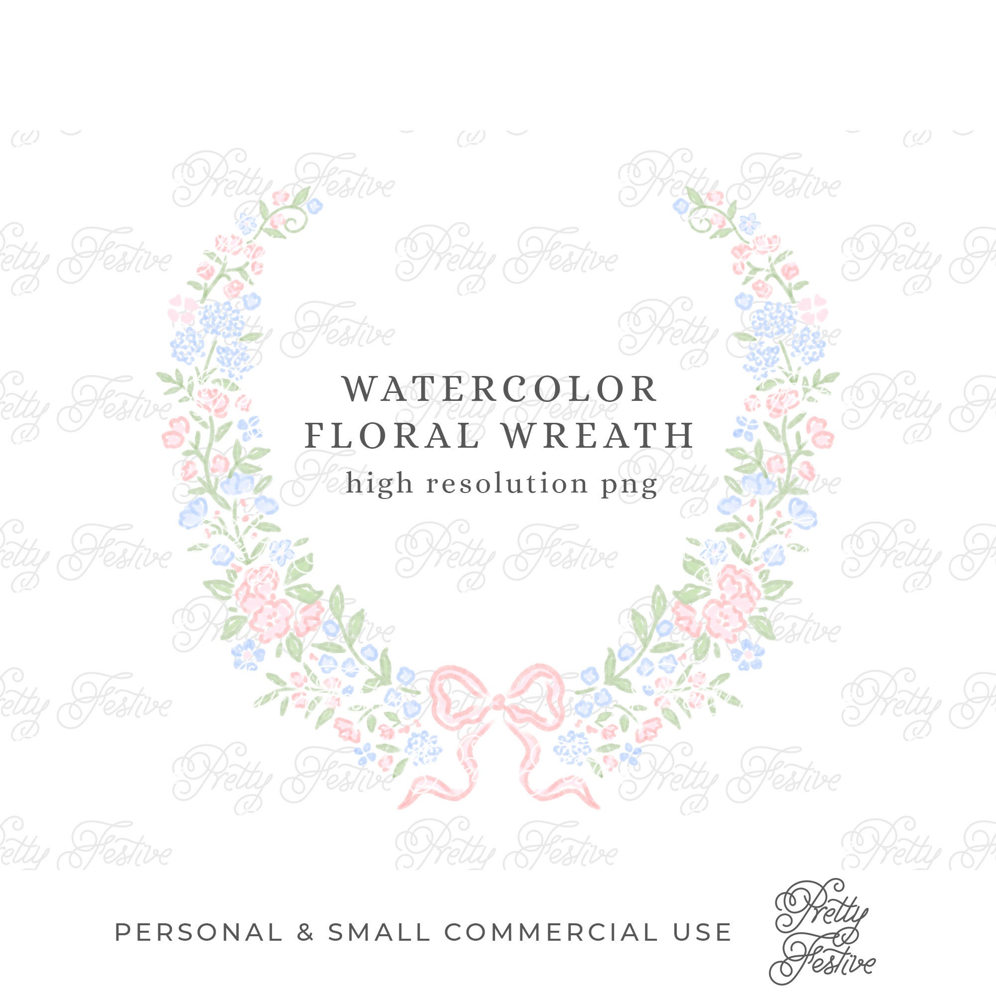 Floral & Bow Watercolor Wreath Pastel Ditsy Frame, Cute Ditsy Pink and ...