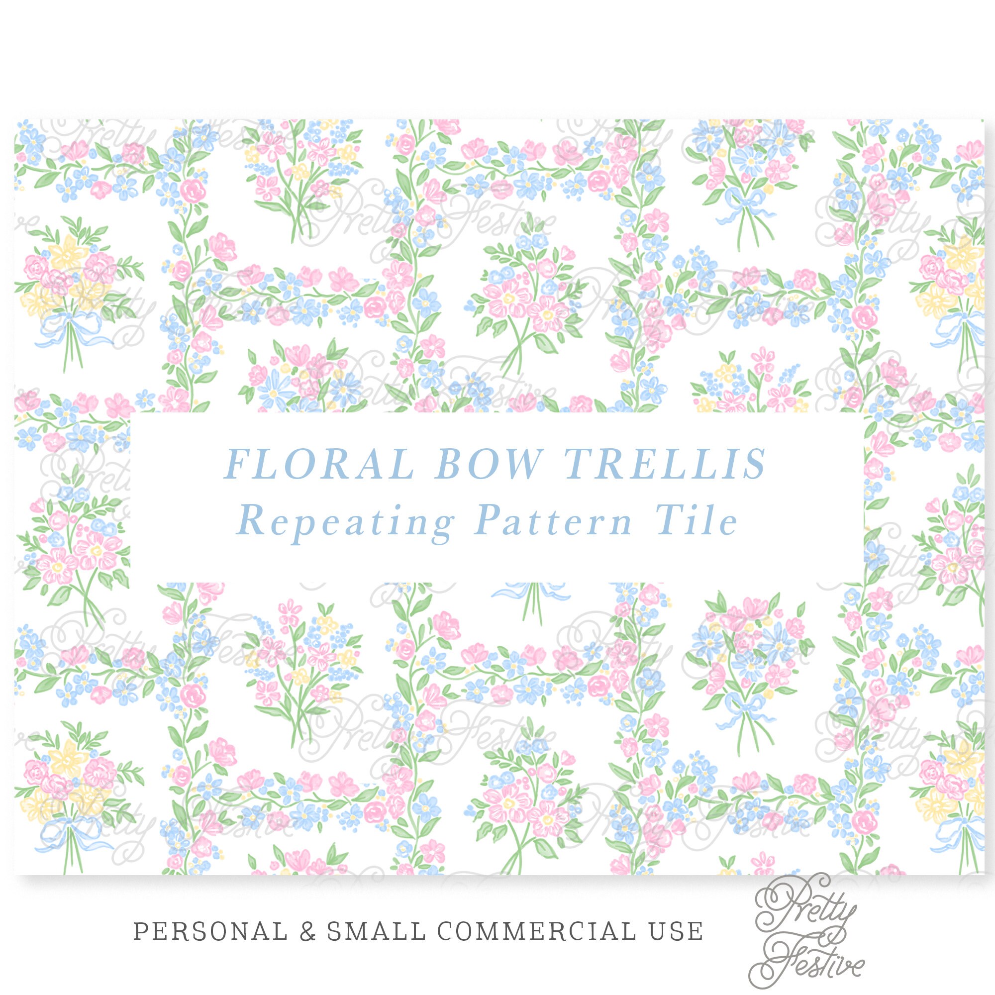 Floral Bouquet Bow Trellis Seamless Repeating Pattern, Block Print ...