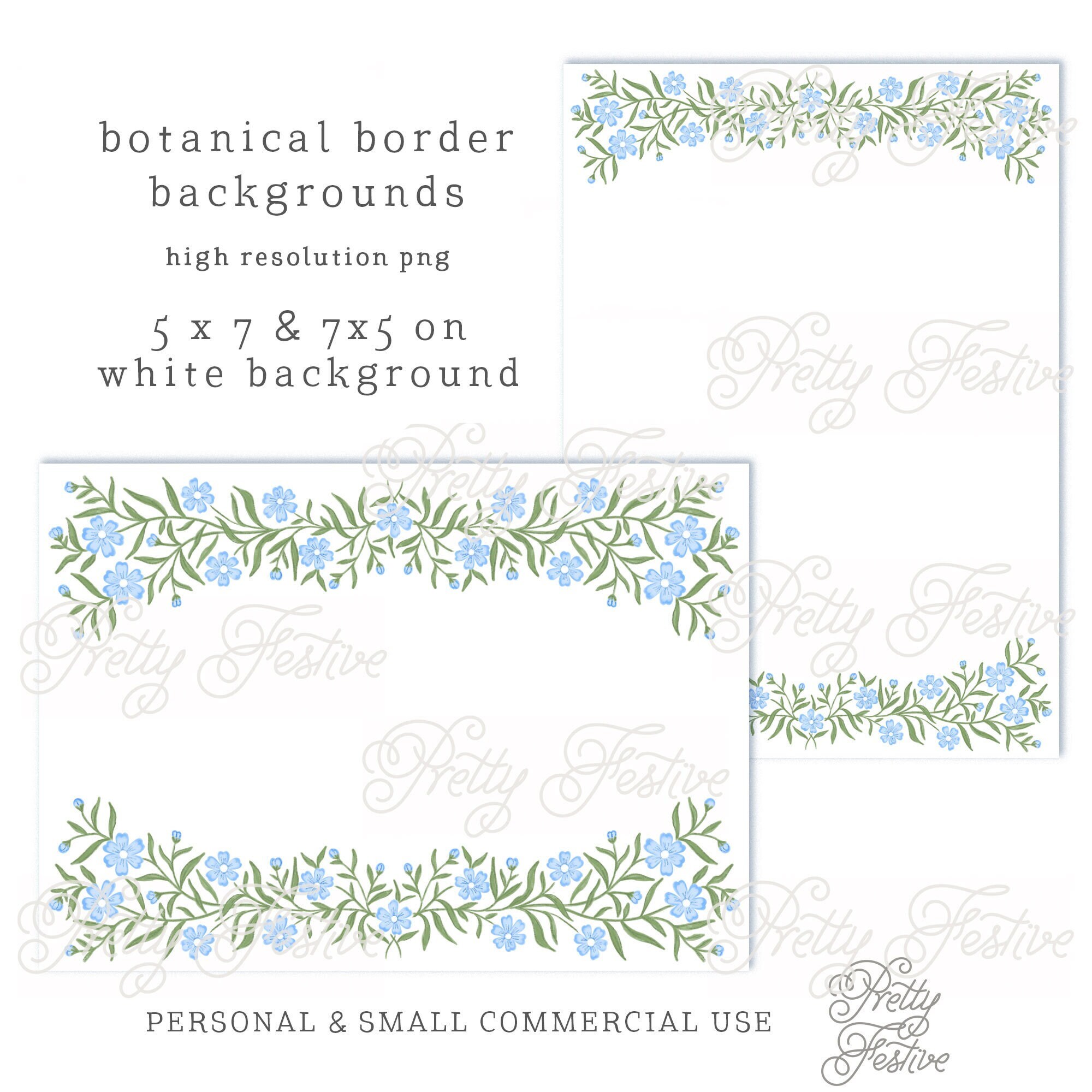 5x7 Printable Background Blue Botanical Floral Border Clipart Png, 7x5 ...