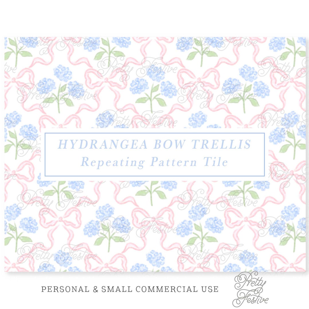 Blue Hydrangea & Pink Bow Trellis Seamless Pattern. Heirloom Vintage ...