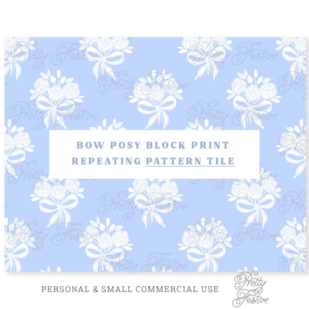 Floral Bow Bouquet Blue & White Block Print Seamless Repeat Pattern ...