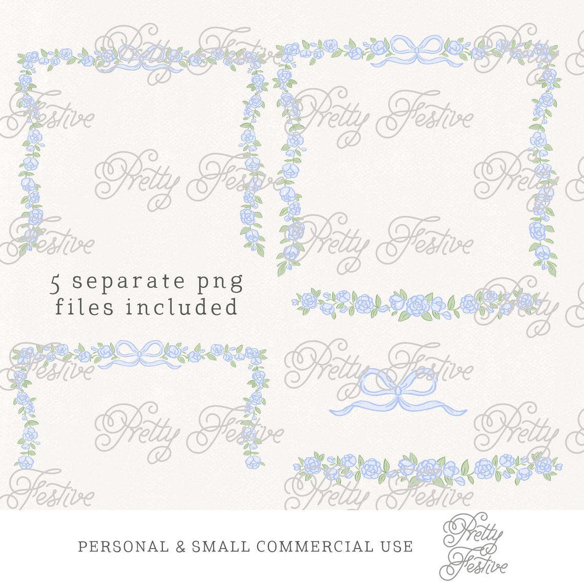 5 Watercolor Clipart Blue Floral Border & Frames Set, Preppy Ribbon Bow ...