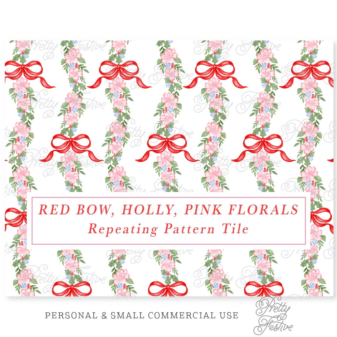 Christmas Red Bows Pink Flowers & Holly Berries Grand Millennial ...