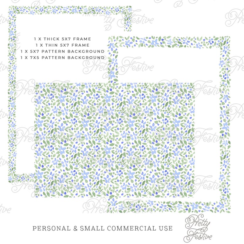 Blue Painterly Festive 5x7 Floral Frame and Background Set, Watercolor ...