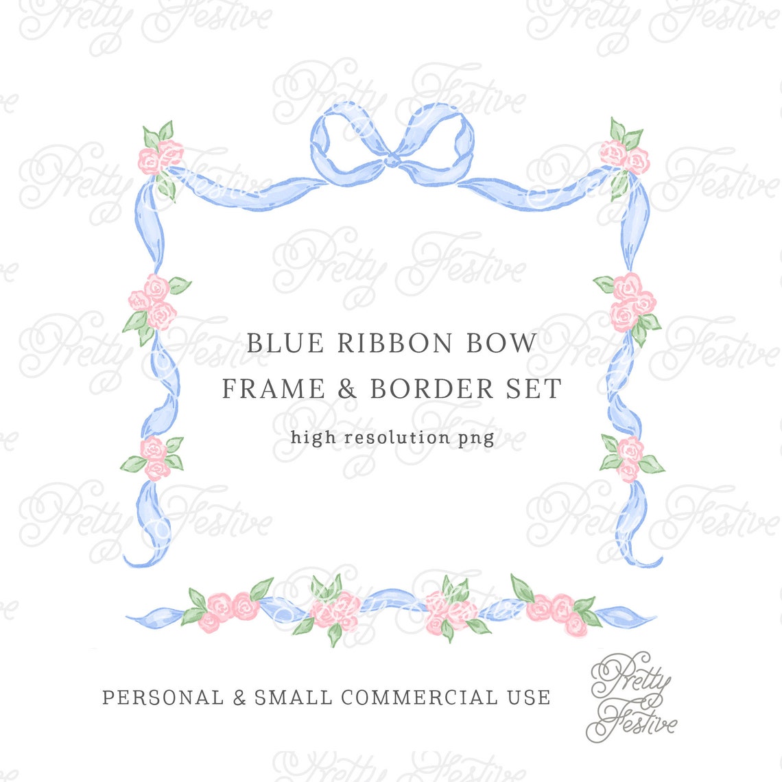 Blue Bows & Rose Swags Ribbon Frame Border Set, Grandmilennial Border ...