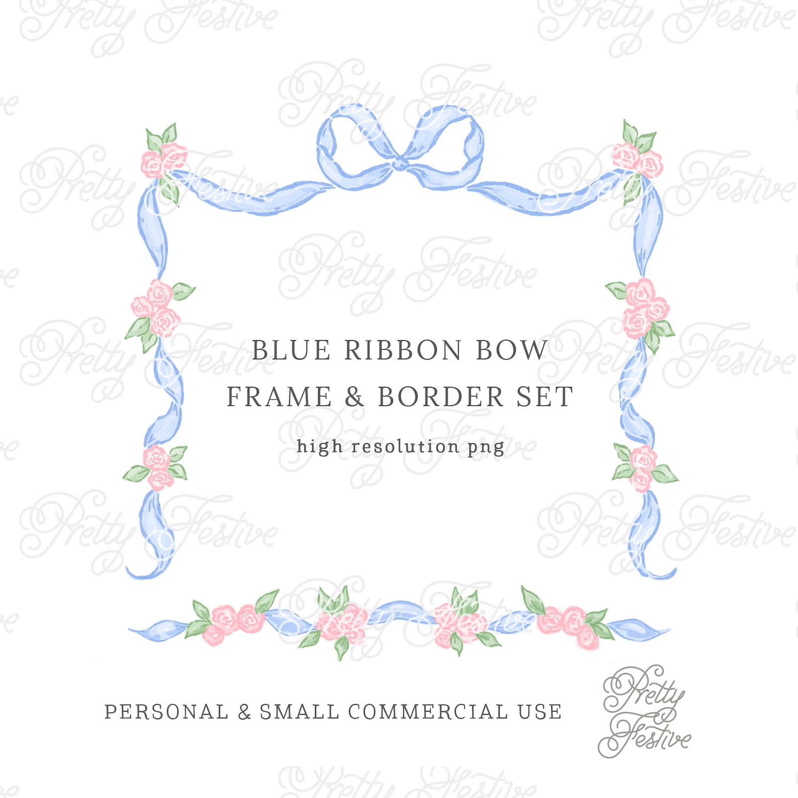 Blue Bows & Rose Swags Ribbon Frame Border Set, Grandmilennial Border ...