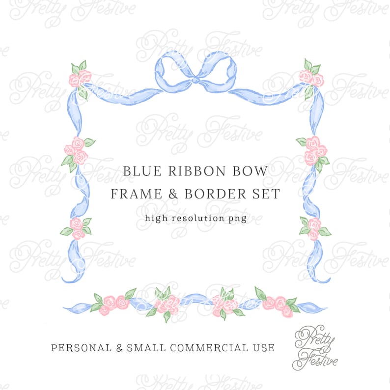 Blue Bows & Rose Swags Ribbon Frame Border Set, Grandmilennial Border ...