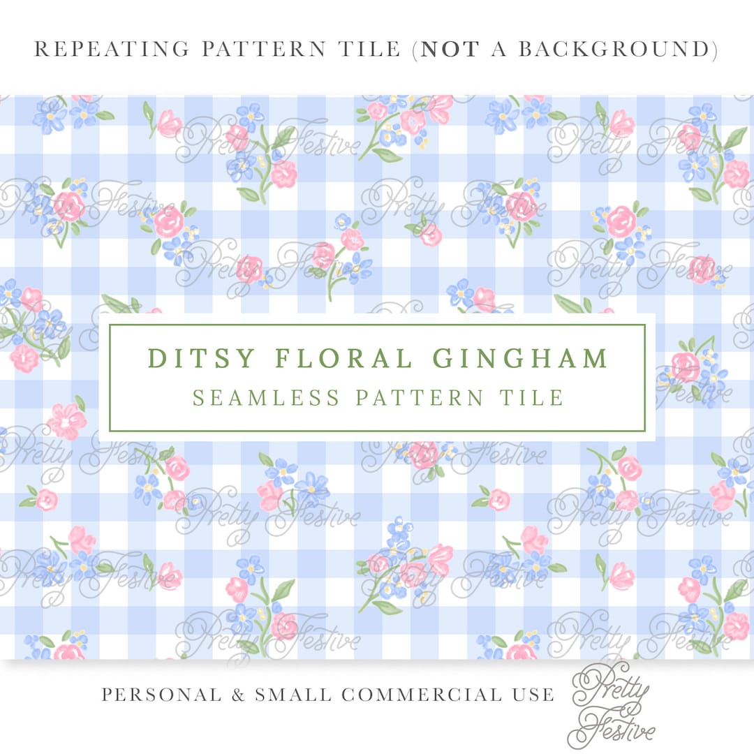 Pink & Blue Ditsy Floral Gingham Check Seamless Repeating Pattern ...