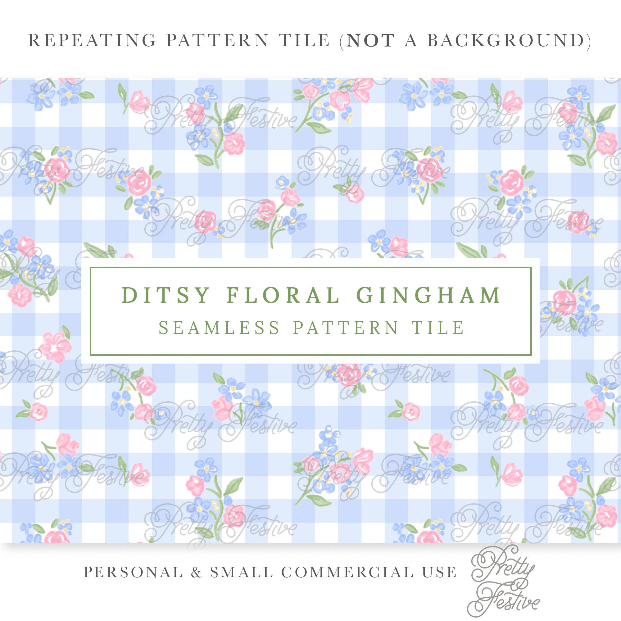 Pink & Blue Ditsy Floral Gingham Check Seamless Repeating Pattern ...