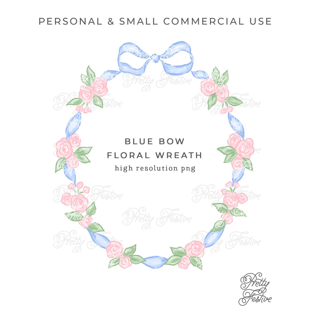Blue & Pink Watercolour Ribbon Rose Bow Wreath Frame, Preppy Monogram ...