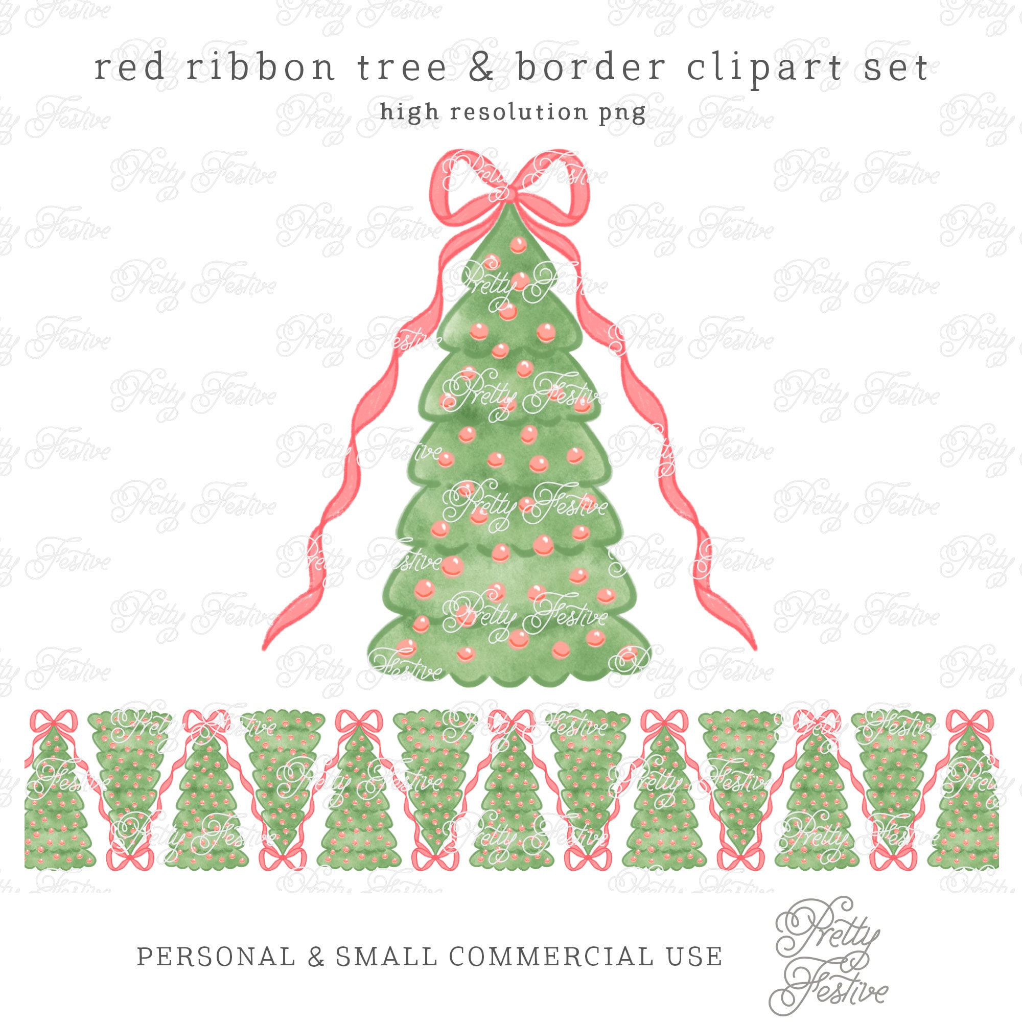 Red Ribbon Christmas Tree Ribbon Clipart & Border Set Graphics Hand ...