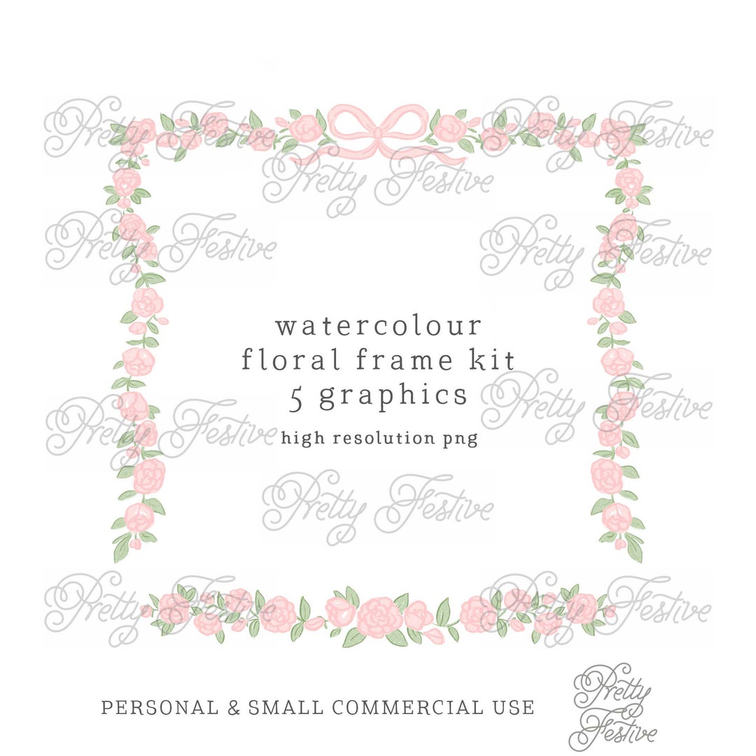 5 Watercolor Clipart Pink Rose Border & Frames Set, Floral Flourish ...