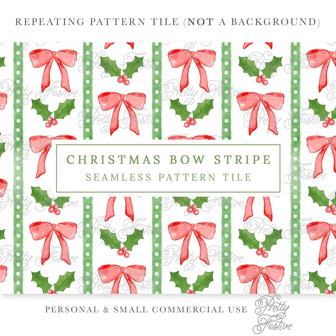 Red & Green Christmas Bow Holly Stripe Block Print Repeating Seamless ...