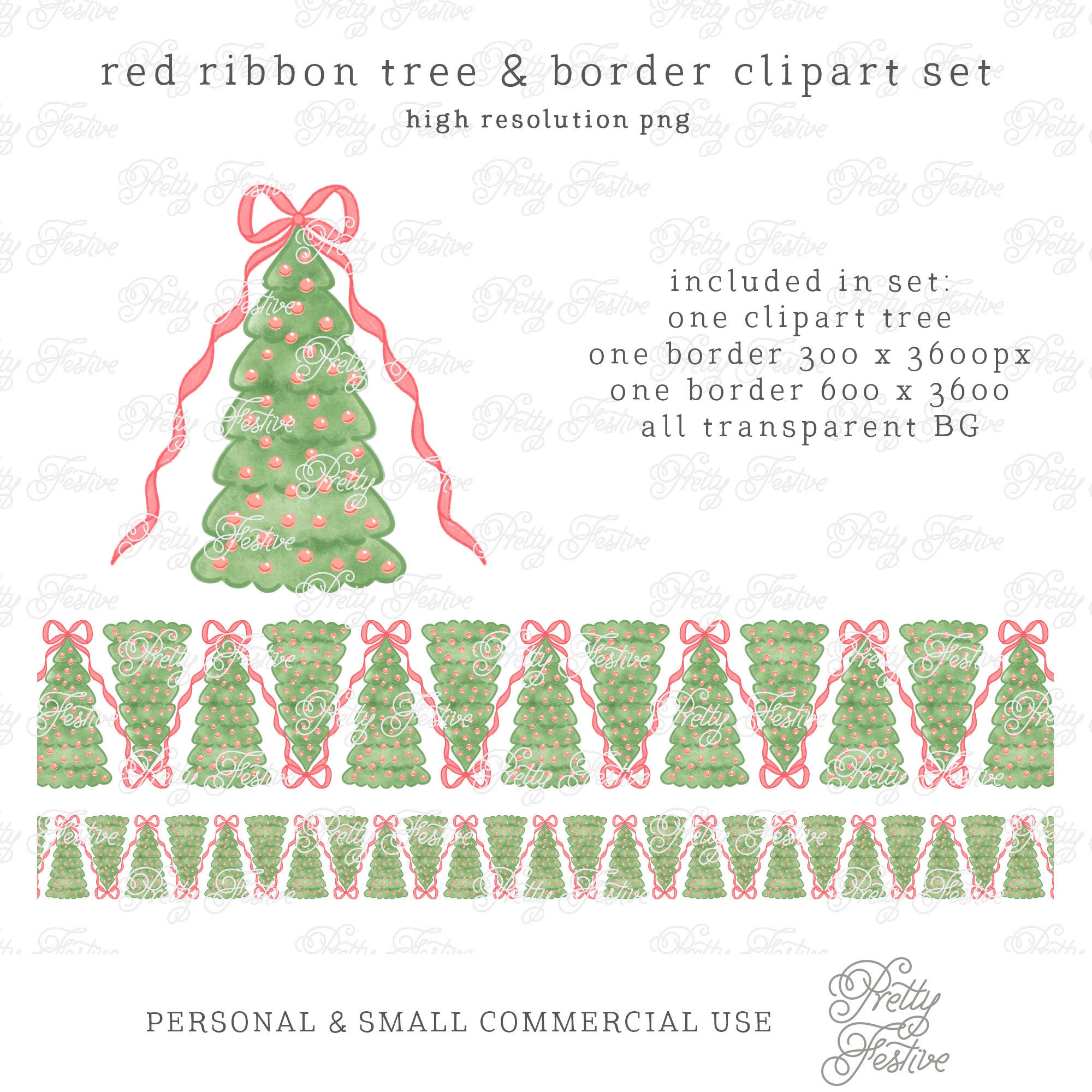 Red Ribbon Christmas Tree Ribbon Clipart & Border Set Graphics Hand ...