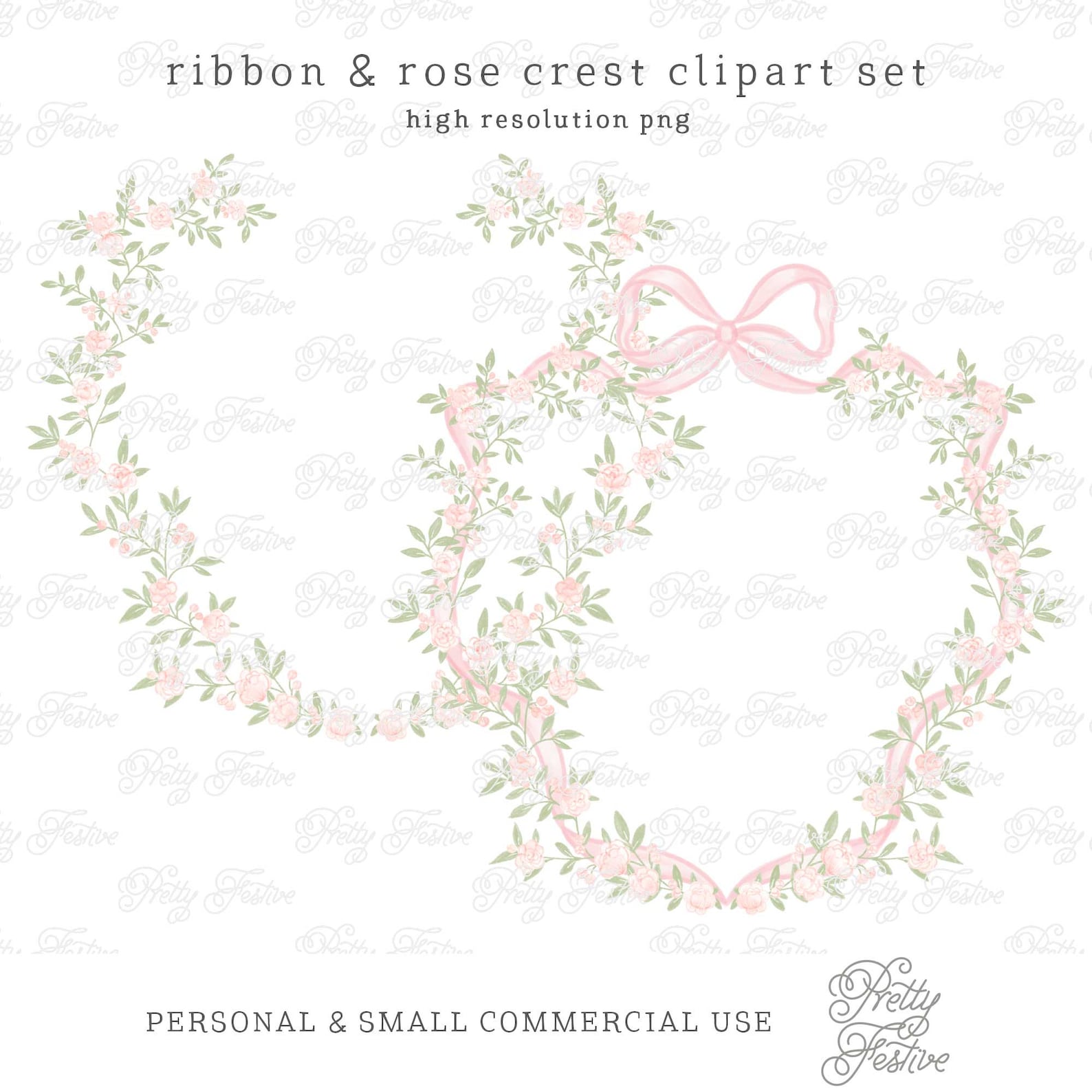 Pink Watercolour Ribbon & Rose Bow Crest Frames, Preppy Monogram Crest ...