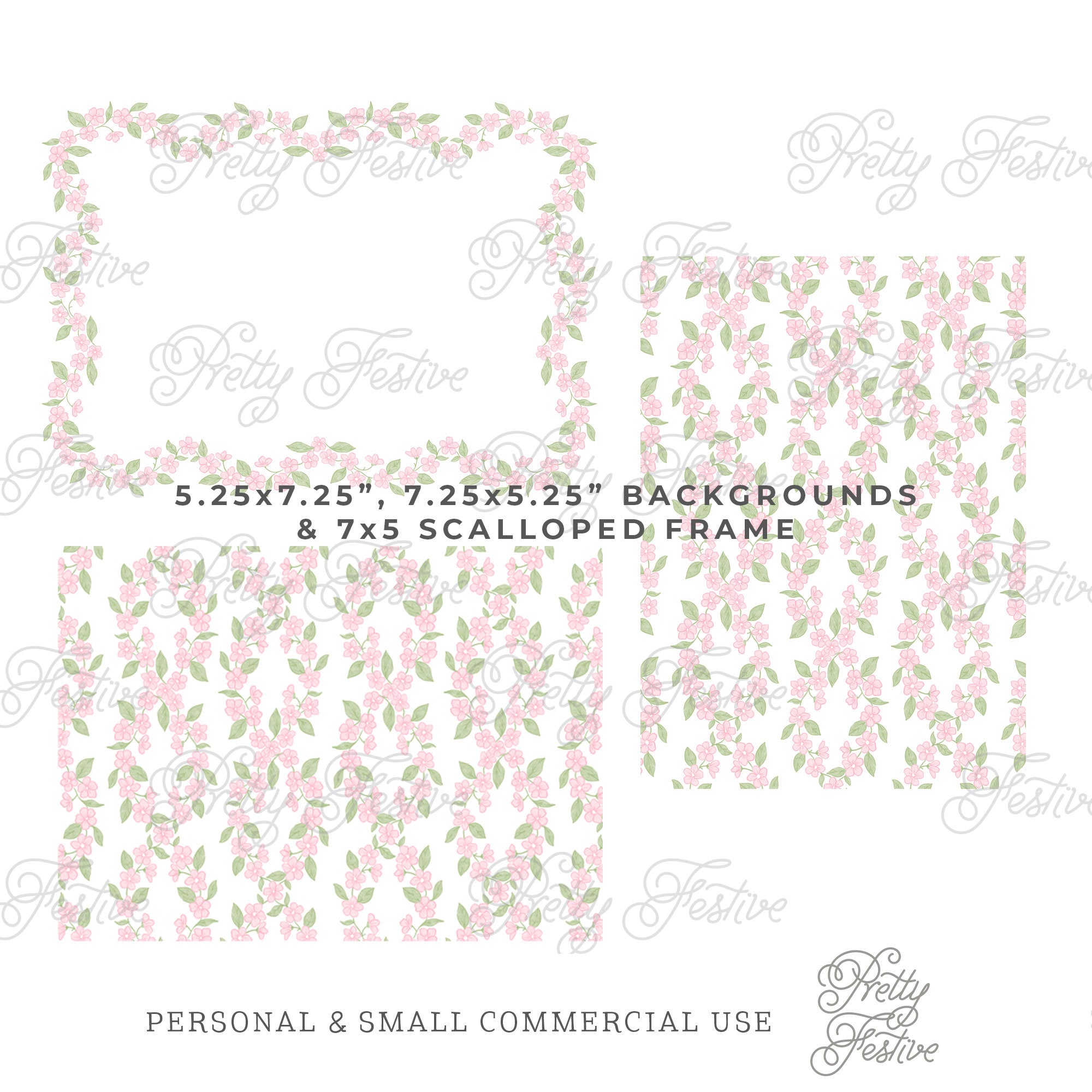 5x7" Pink Scalloped Floral Printable Watercolor Border Card Template ...