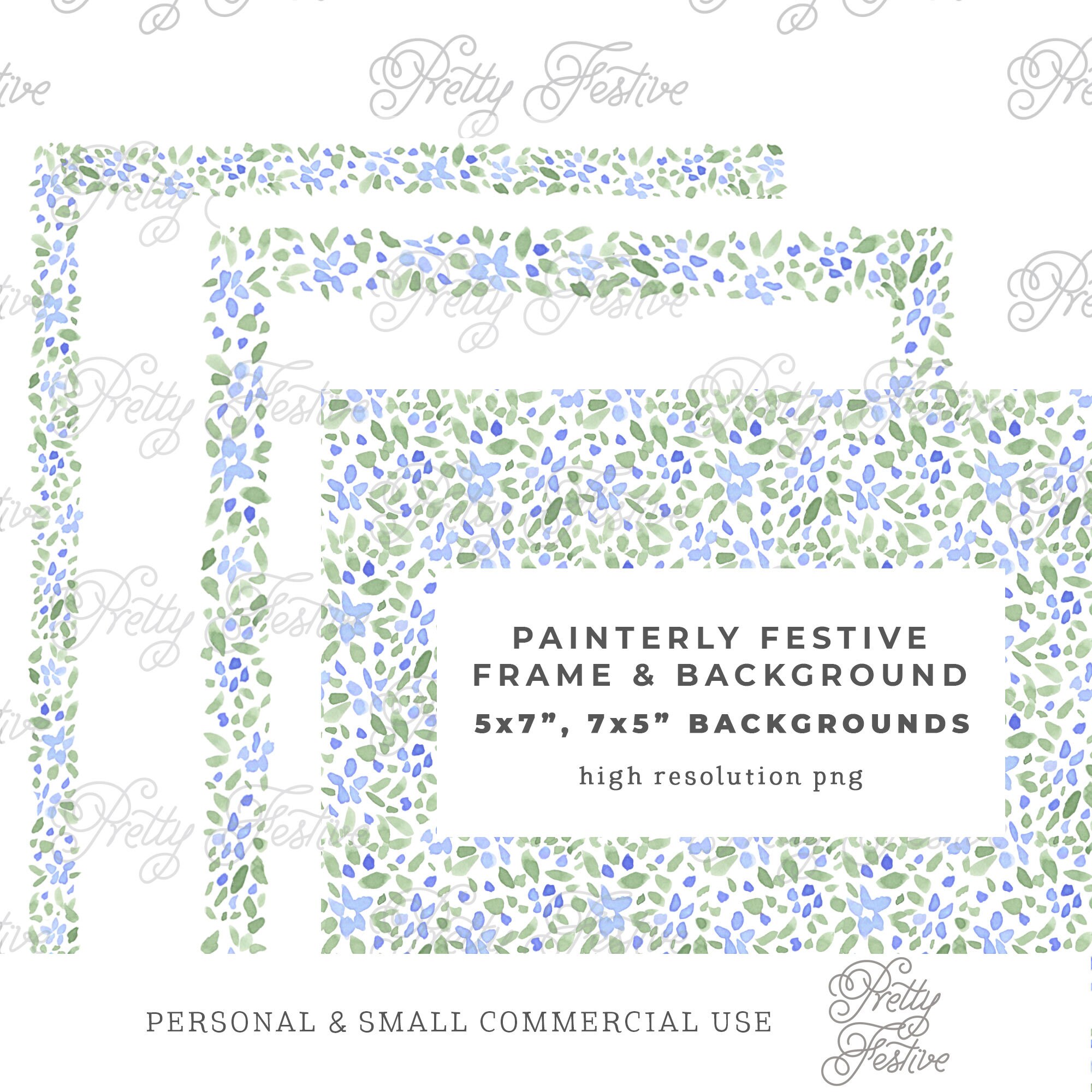 Blue Painterly Festive 5x7 Floral Frame and Background Set, Watercolor ...