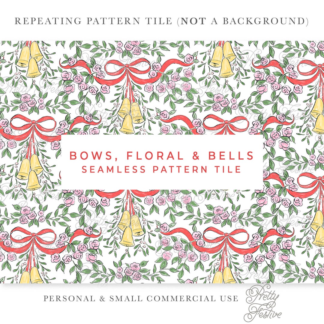 Christmas Bells, Red Bows and Pink Roses Seamless Repeating Pattern ...