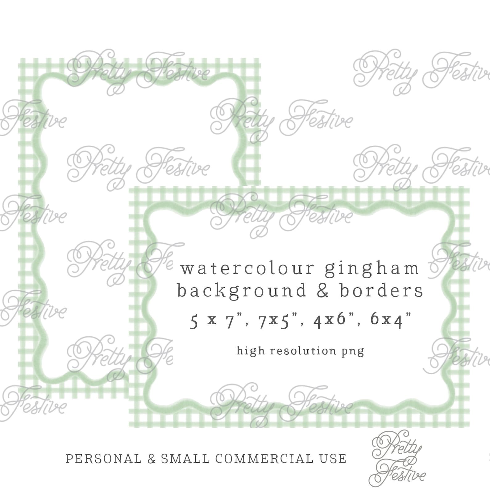 5x7" Printable Sage Green Gingham Watercolor Border Card Template, 6x4 ...