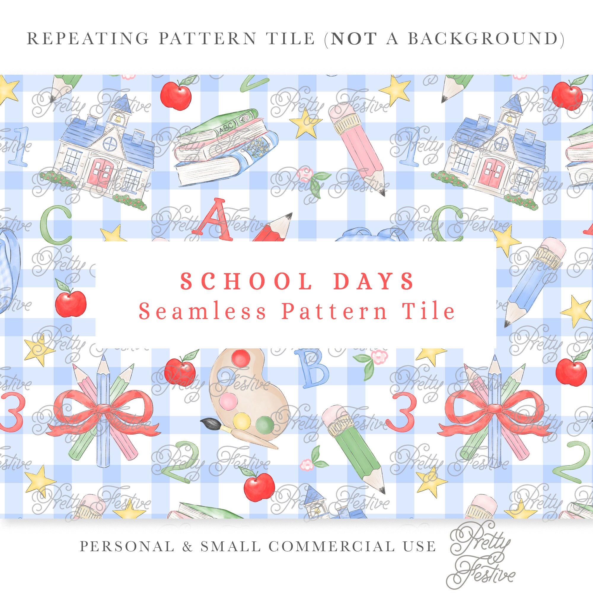 Preppy Blue Gingham School Days Seamless Fabric Print, Repeating ...