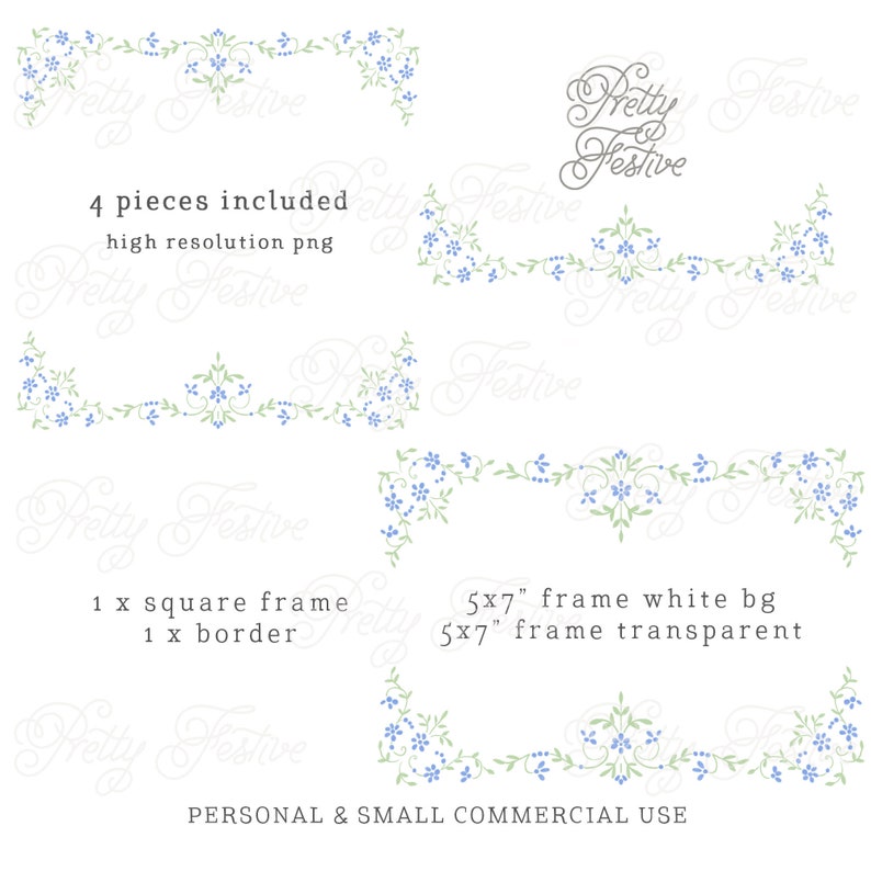 4 Watercolor Clipart Vintage Border & Frames Set, Blue Floral Flourish ...