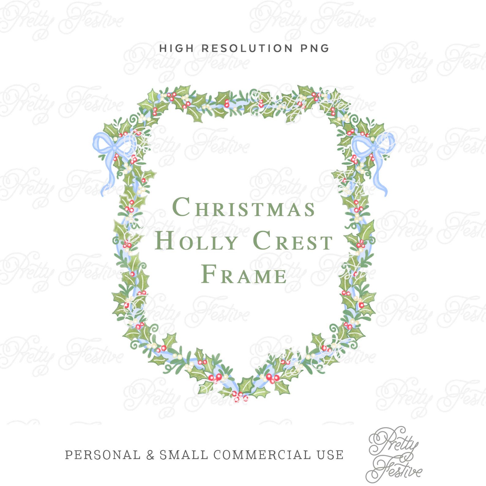 Christmas Crest Clipart Blue Bows & Greenery Holly Berries - Etsy