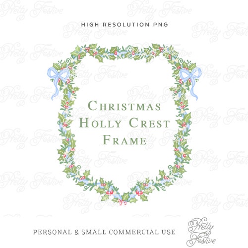 Christmas Crest Clipart Blue Bows & Greenery Holly Berries - Etsy
