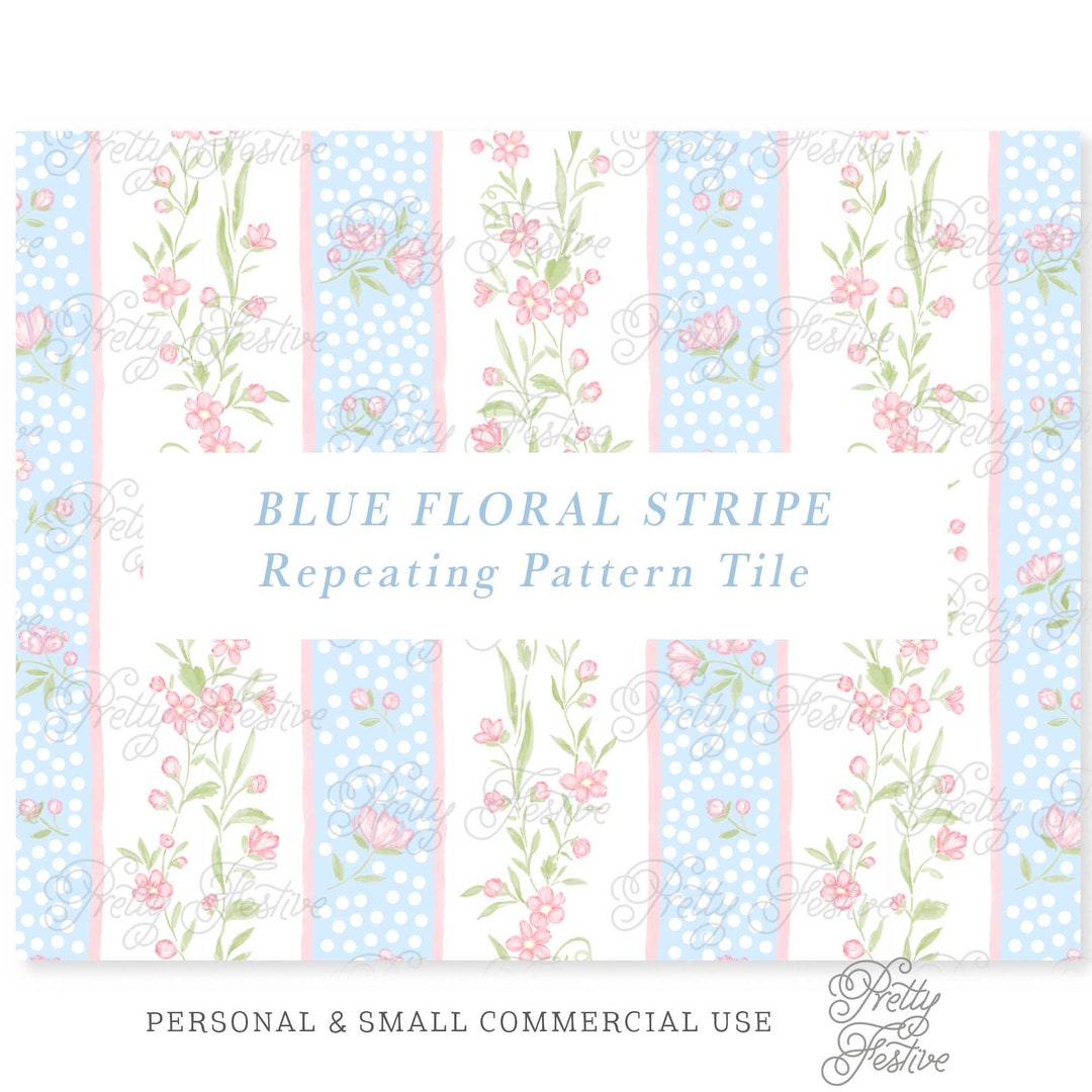 Pink & Blue Stripe Watercolor Climbing Floral Repeating Seamless ...