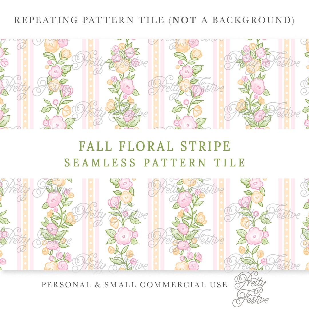 Fall Pastel Florals Watercolor Toile Stripe Repeating Seamless Pattern ...