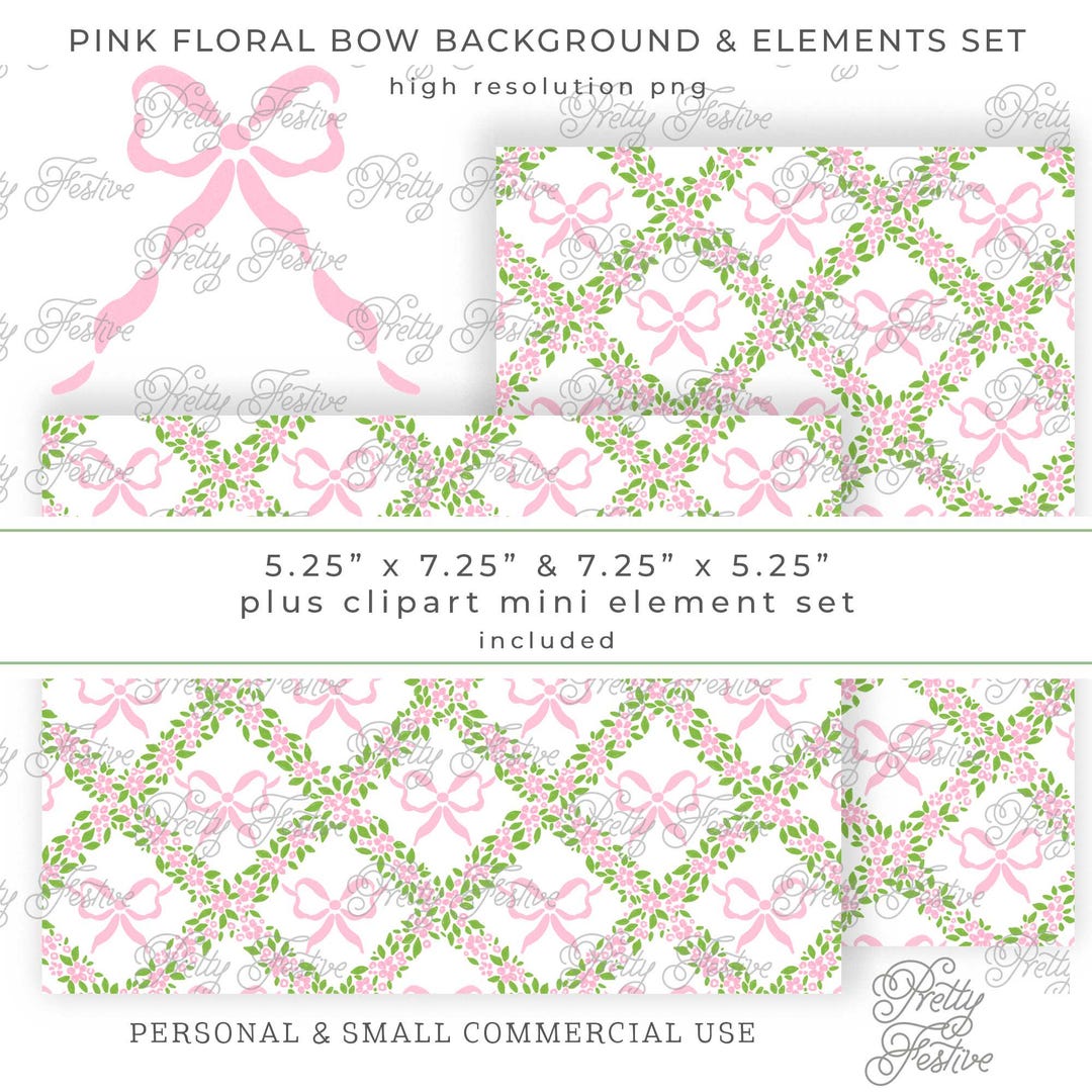 Pink Floral Bow Trellis Printable 5x7 Backgrounds & Clipart Set, Floral ...