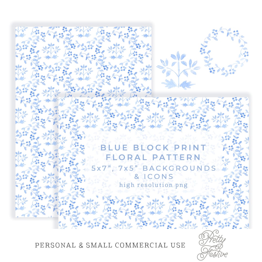 Chinoiserie Blue Block Print 7x5, Watercolor Blue & White Printable ...