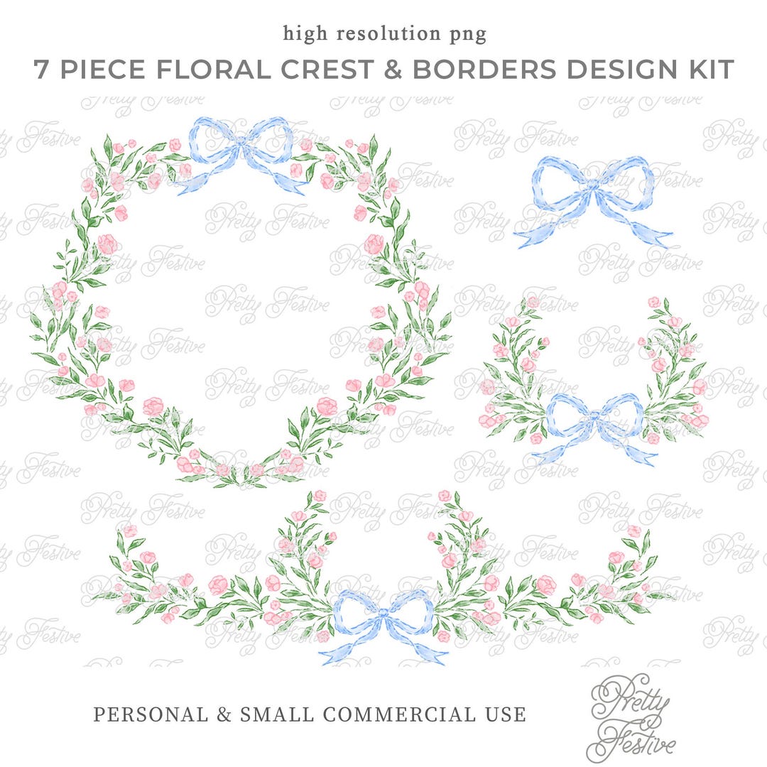 Pink Florals & Blue Bows Crest Borders and Elements Watercolour Clipart ...