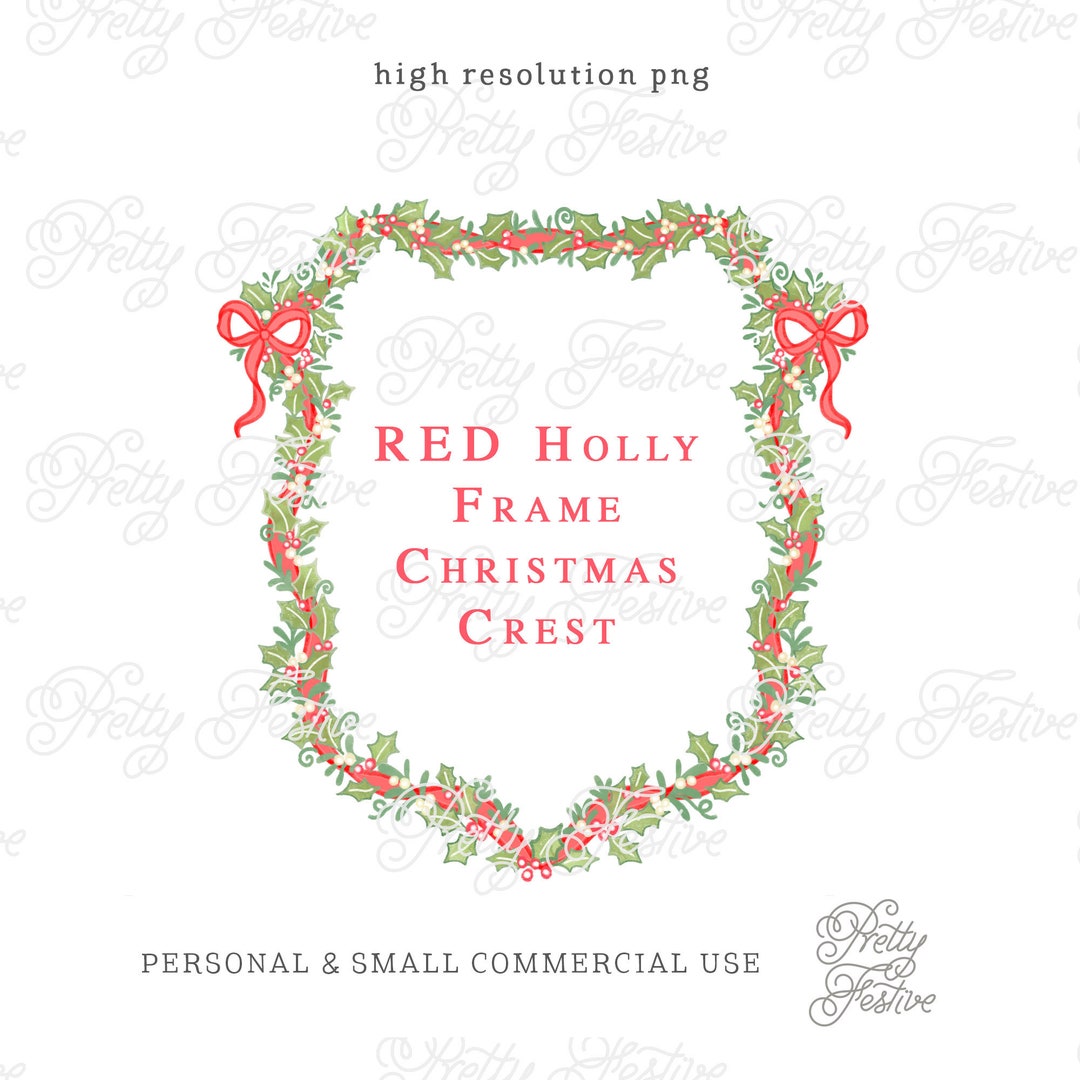Red Ribbon Christmas Crest Clipart, Red Bows & Greenery Holly Berries ...