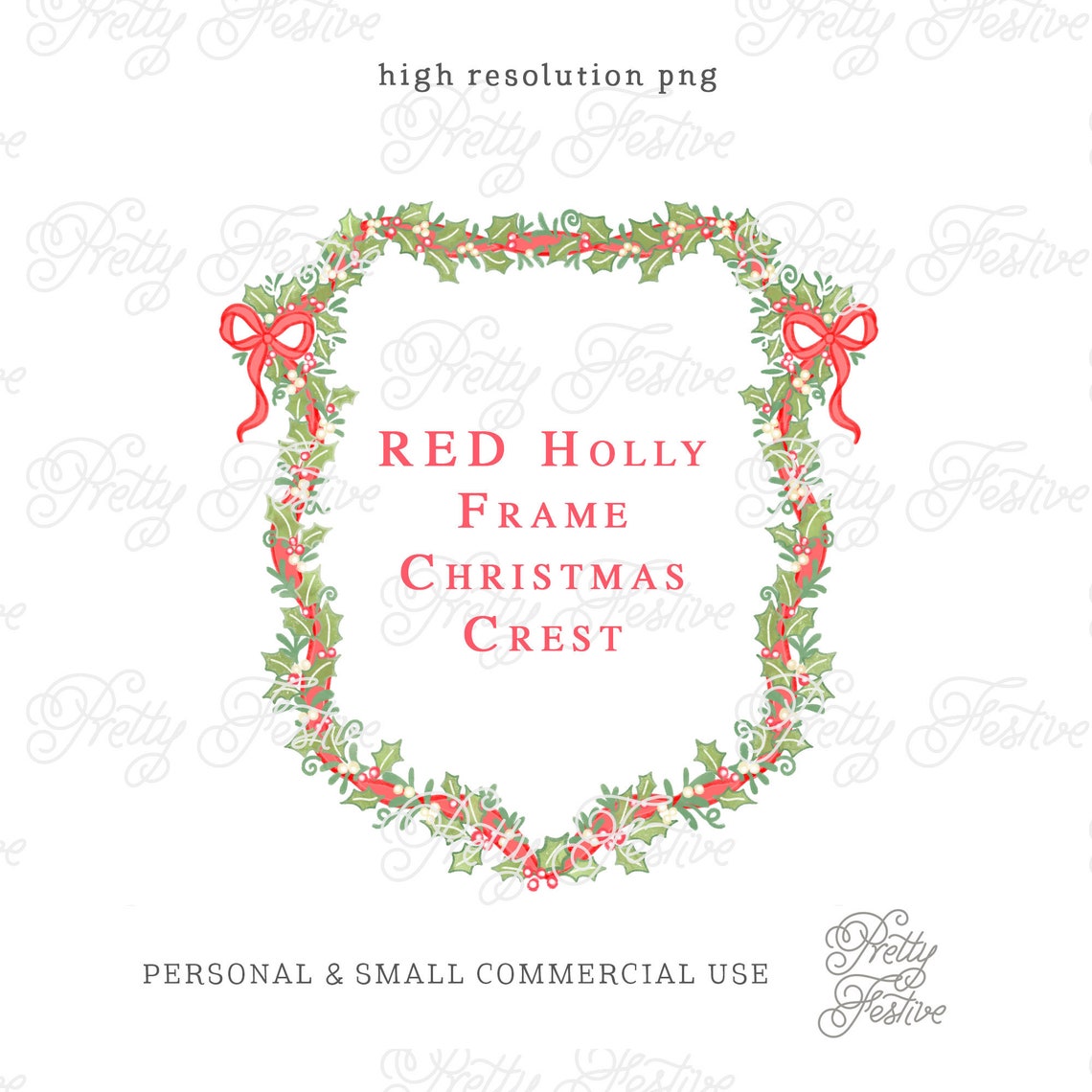 Red Ribbon Christmas Crest Clipart, Red Bows & Greenery Holly Berries ...