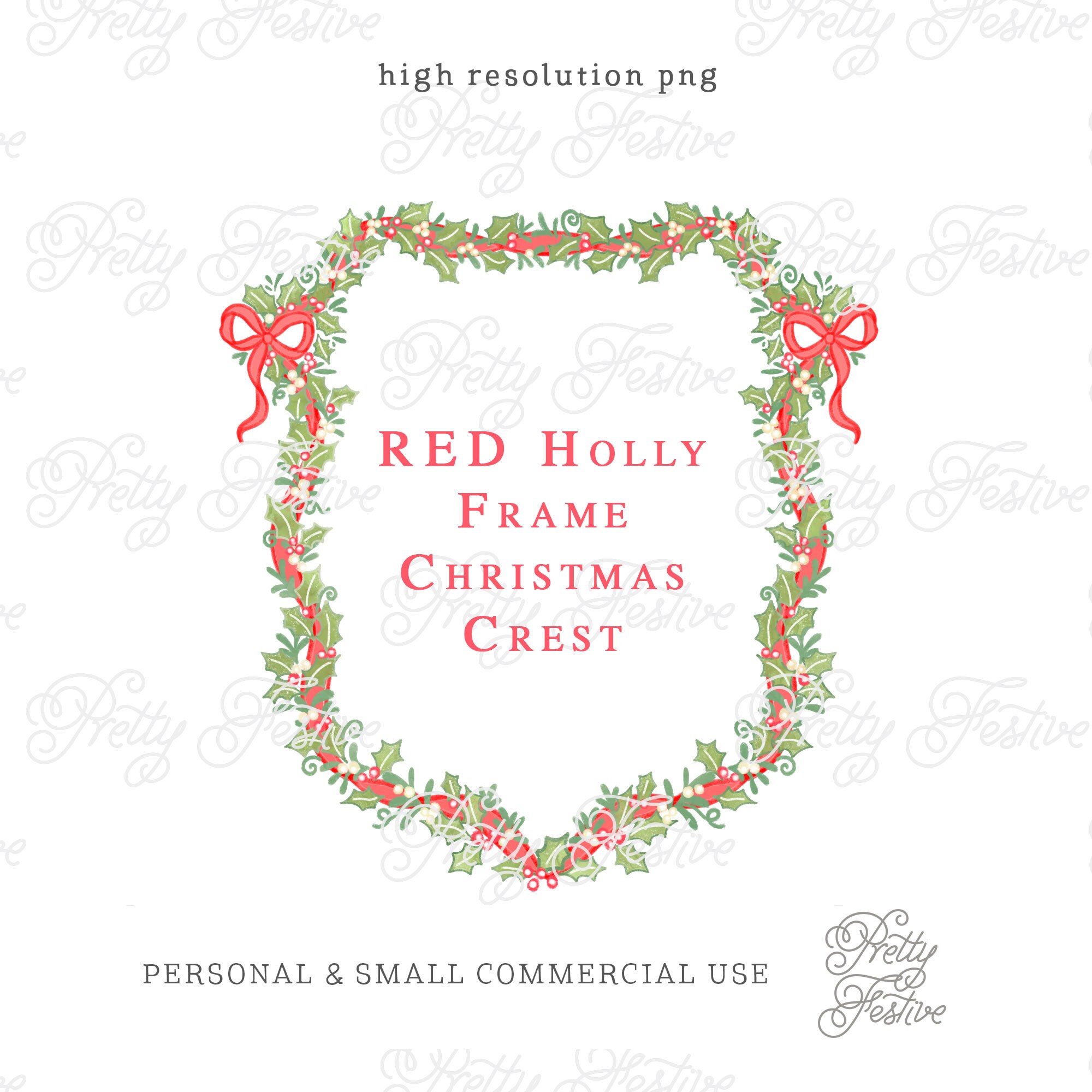 Red Ribbon Christmas Crest Clipart, Red Bows & Greenery Holly Berries ...