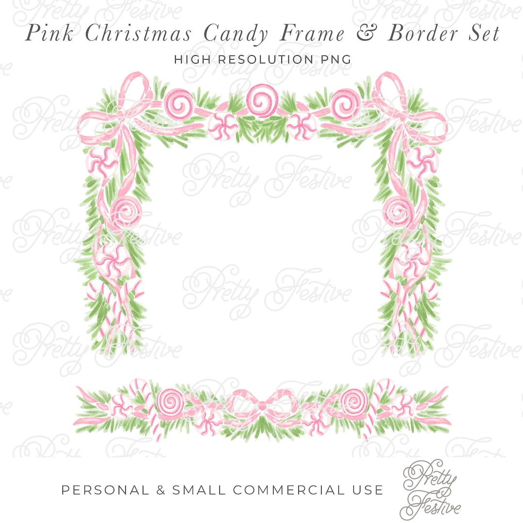 Pink Bow Christmas Candy & Green Floral Frame Border Clipart Design Set ...