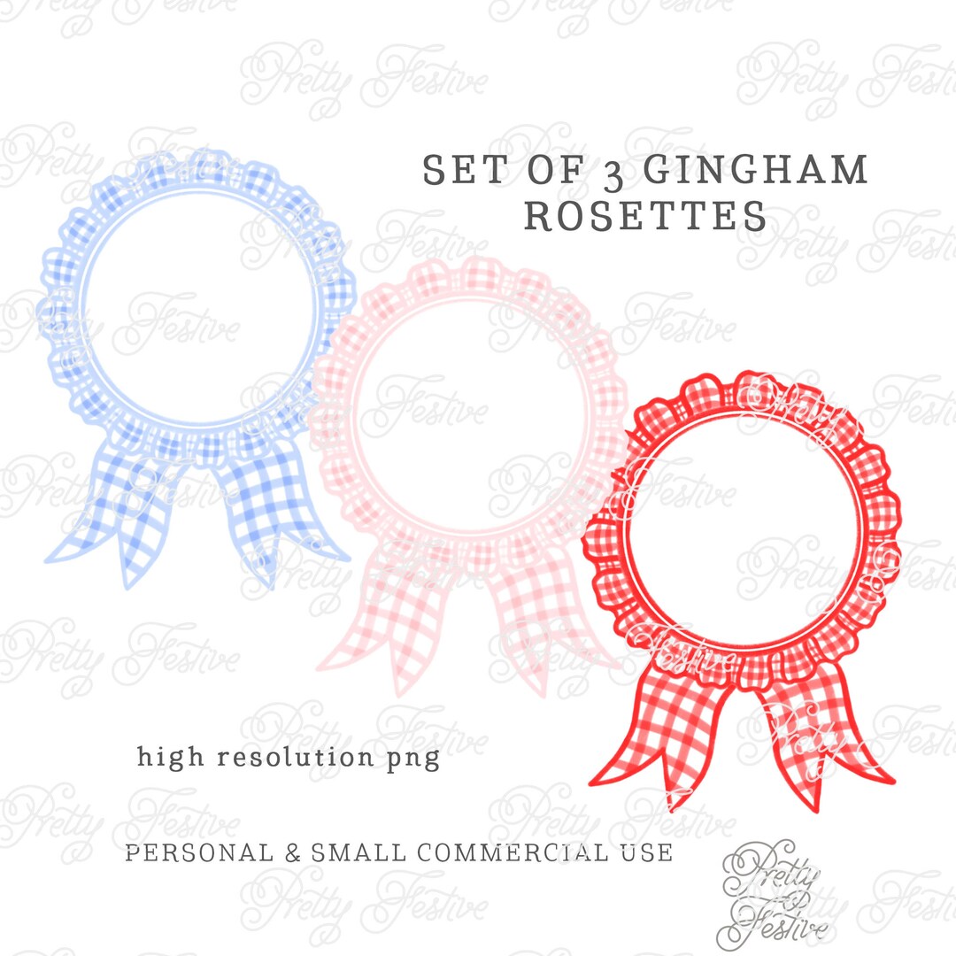 3 Gingham Rosettes Watercolor Clipart, Pink Blue & Red Preppy ...