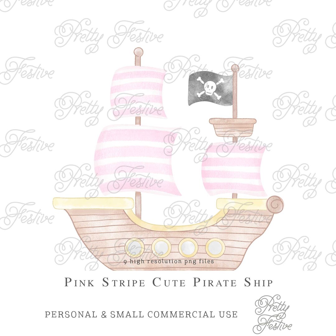 Pink Preppy Watercolor Pirate Ship Clipart, Cute Pirate Illustration ...