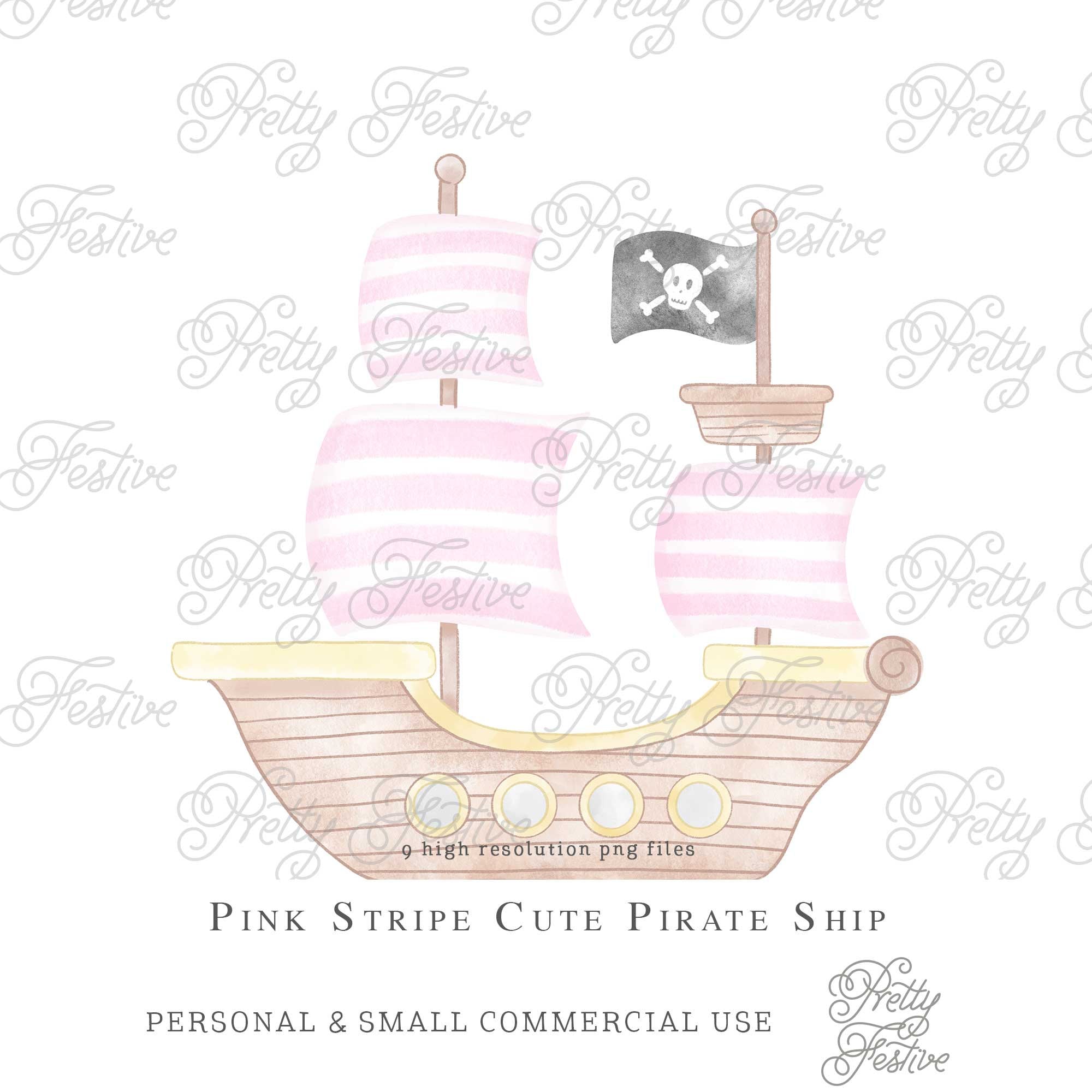Pink Preppy Watercolor Pirate Ship Clipart, Cute Pirate Illustration ...