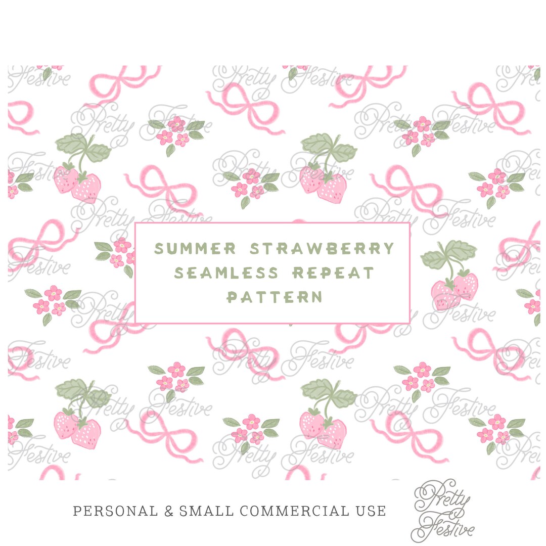 Summer Strawberry, Ribbon Bow and Flower Seamless Repeating Pattern ...
