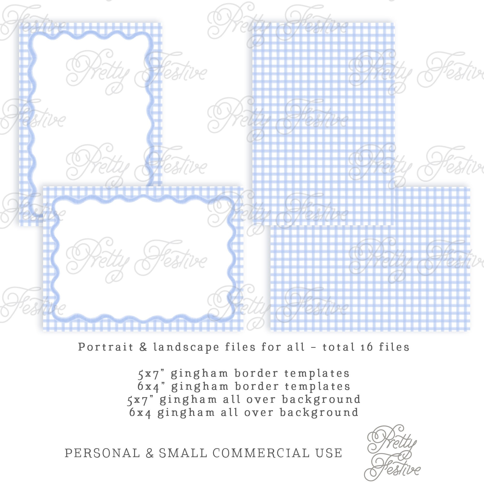 5x7" Printable Blue Gingham Watercolor Border Card Template, 6x4 ...