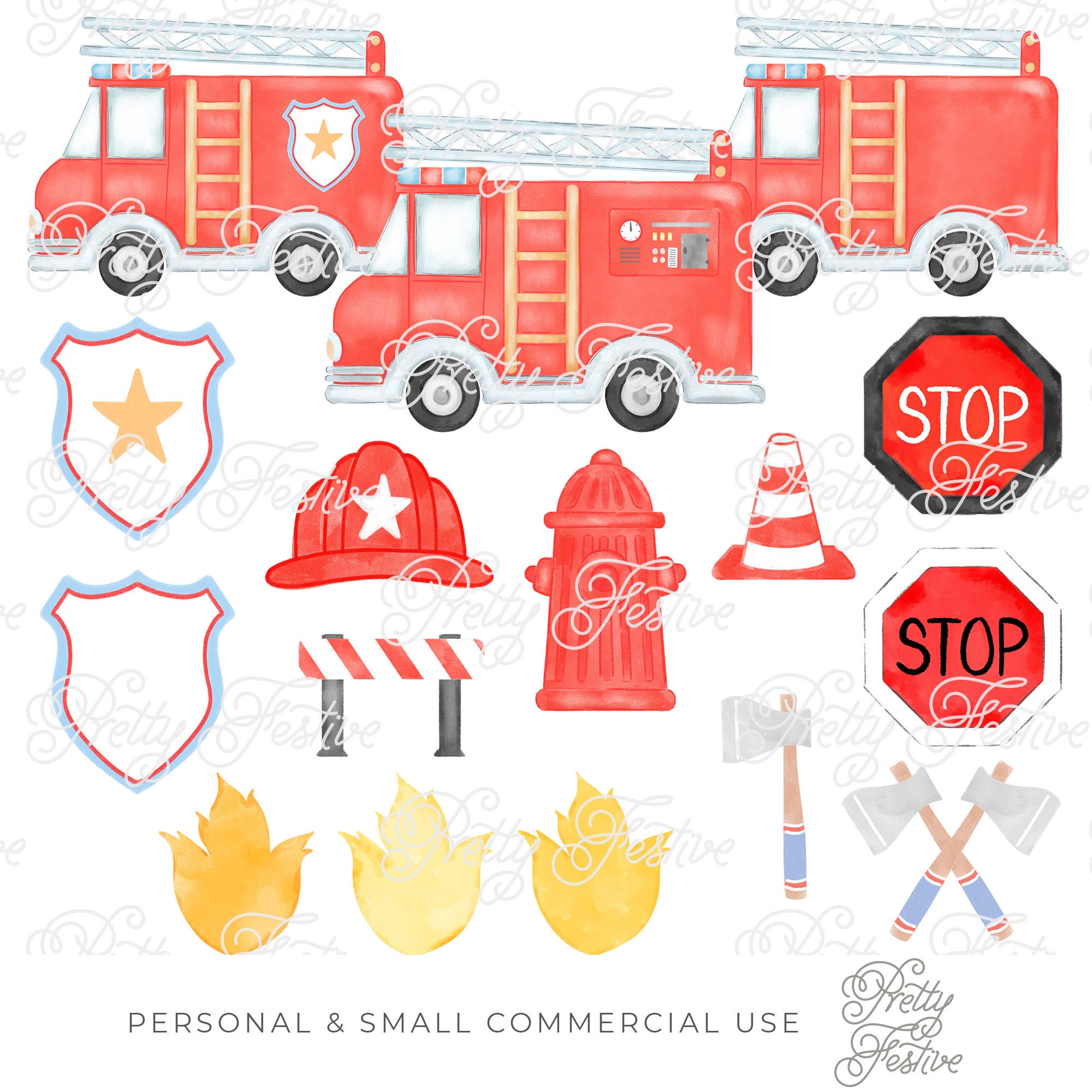 Watercolor Fire Truck Preppy Clipart Set, Cute Fire Fighter Party ...