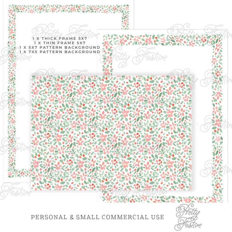 Red Green Watercolor Floral Frame & Background Set 5x7 - Etsy