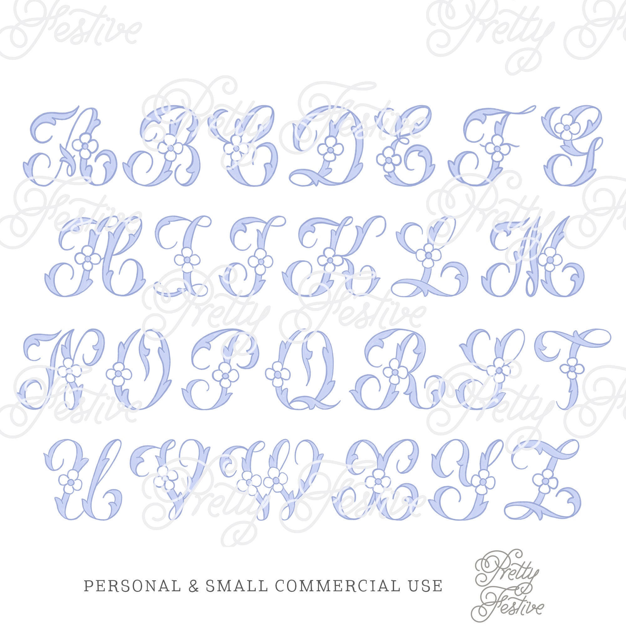 Watercolor Blue Floral ALPHABET Clipart Set Hand Drawn. Set of 26 ...