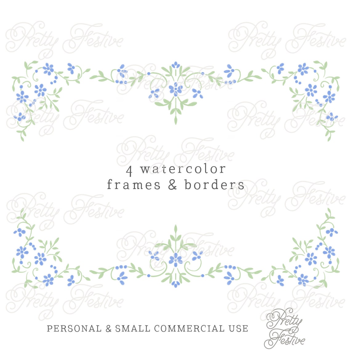 4 Watercolor Clipart Vintage Border & Frames Set, Blue Floral Flourish ...
