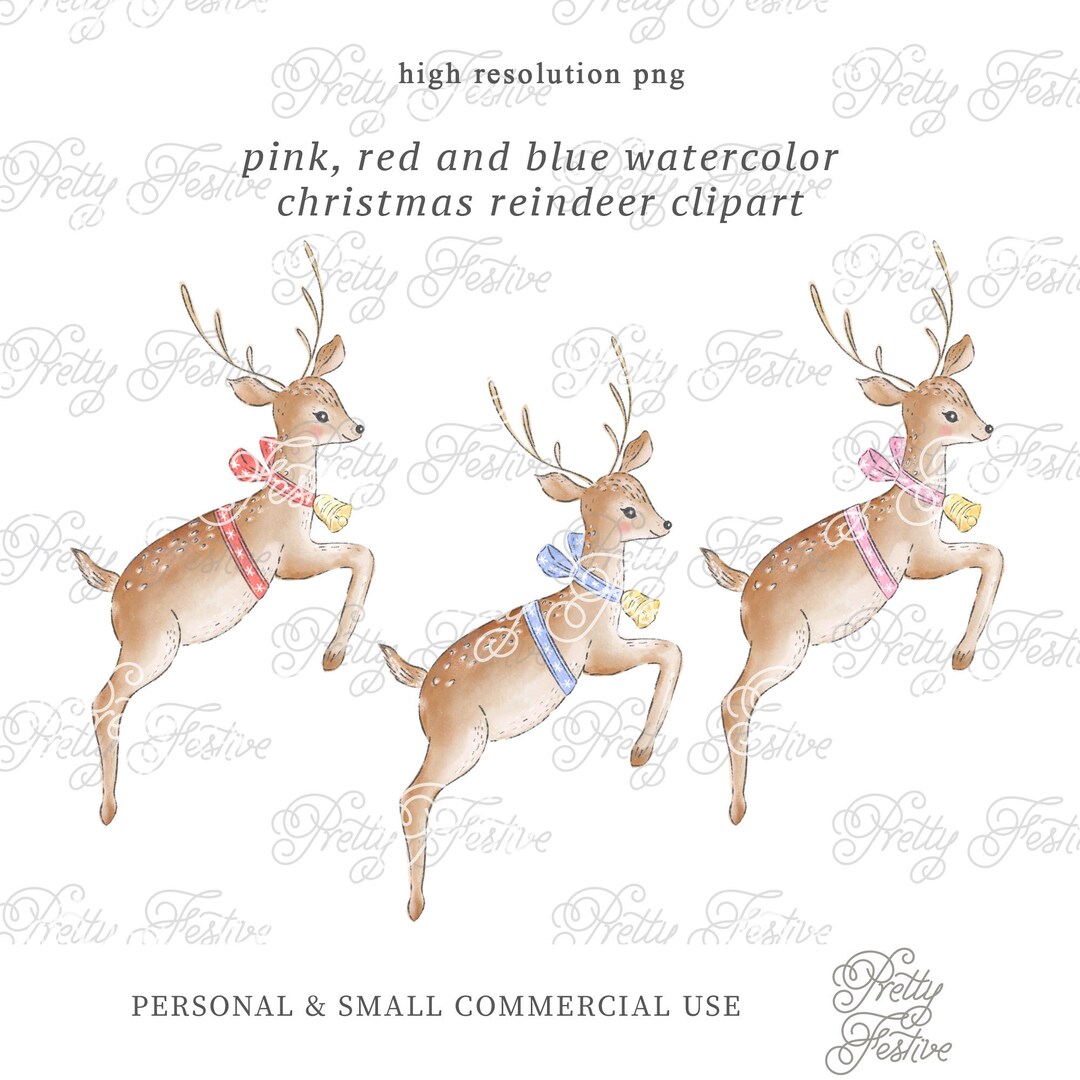 Christmas Reindeer Clipart Red Blue & Pink Set of 3, Watercolor Deer ...