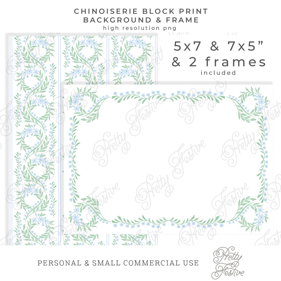 Chinoiserie Blue Block Print & Frame 7x5, Watercolor Blue and White ...