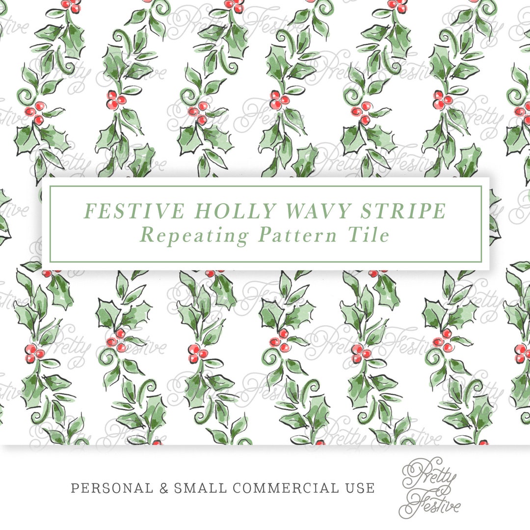 Christmas Preppy Holly Wavy Scalloped Stripe Seamless Pattern ...
