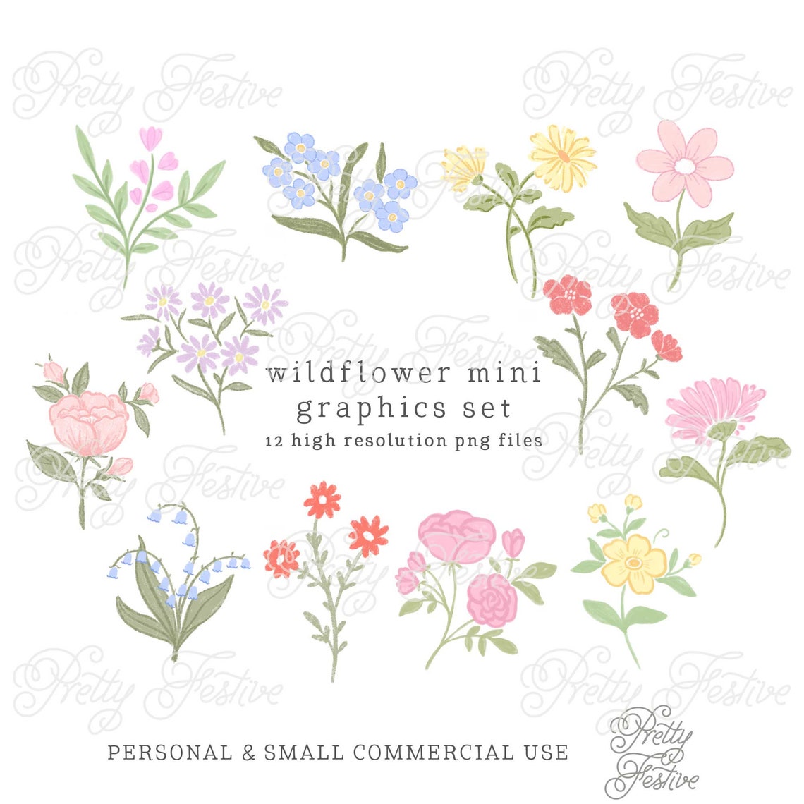 Set of 12 Wildflower Clipart Graphics Hand Drawn Botanicals ...